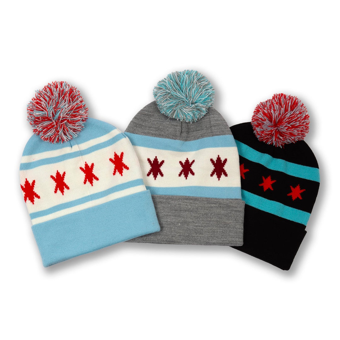 Chicago Flag Knit Hat With Pom Chicago Flag Beanie, Chicago Beanie ...