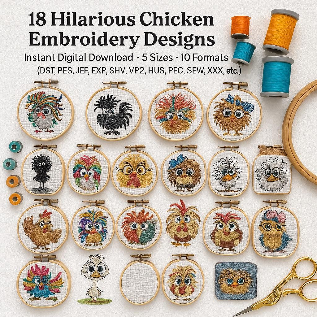 Funny Chicken Embroidery Designs Bundle | 18 Digital Files | 10 Machine ...