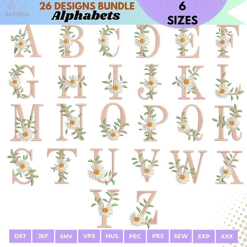 26 Letters A-Z Floral Alphabet Embroidery Designs Bundle, Flower ...