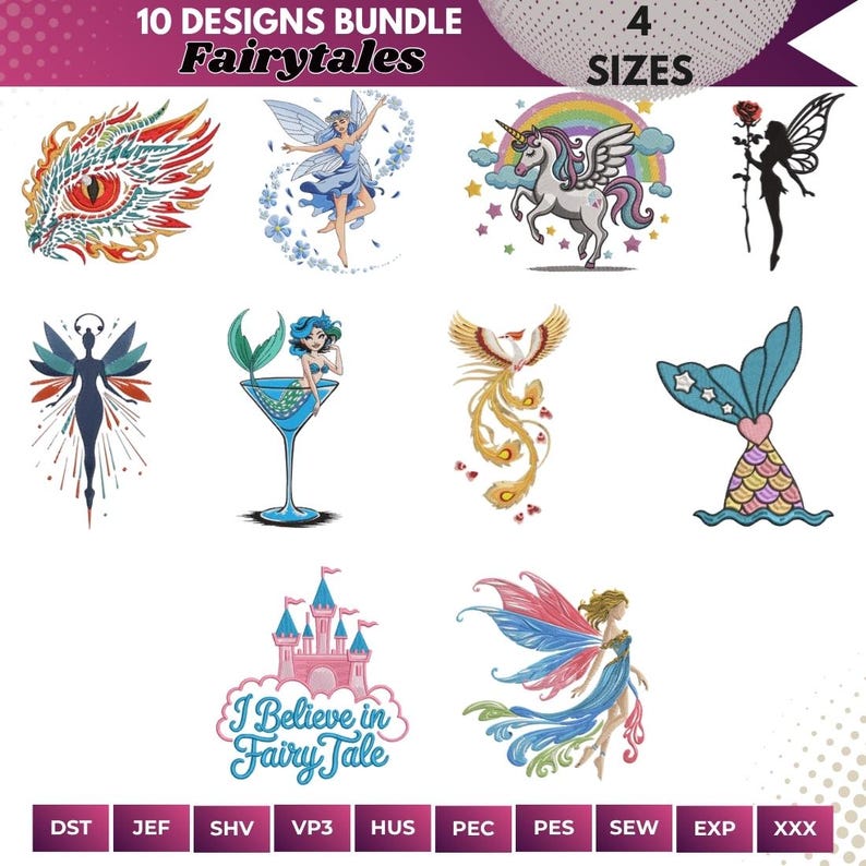 10 Fairytale Embroidery Designs Bundle, Fairy, Dragon, Unicorn ...