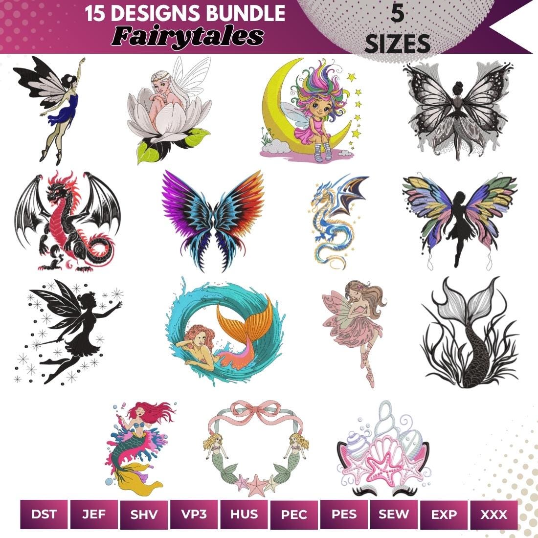 Fantasy Fairy & Dragon Embroidery Set, Fairytale Embroidery Designs ...
