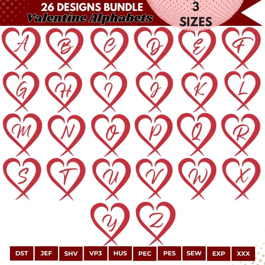 26 Heart Letters A–Z, Valentine Alphabet Embroidery, Machine Digital ...