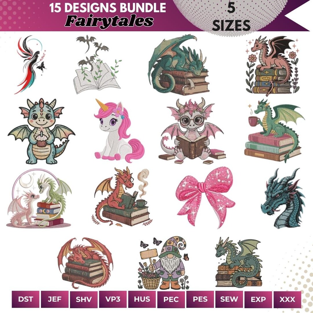 Fairytale Embroidery Designs Bundle, 15 Magical Dragon, Unicorn & Gnome ...