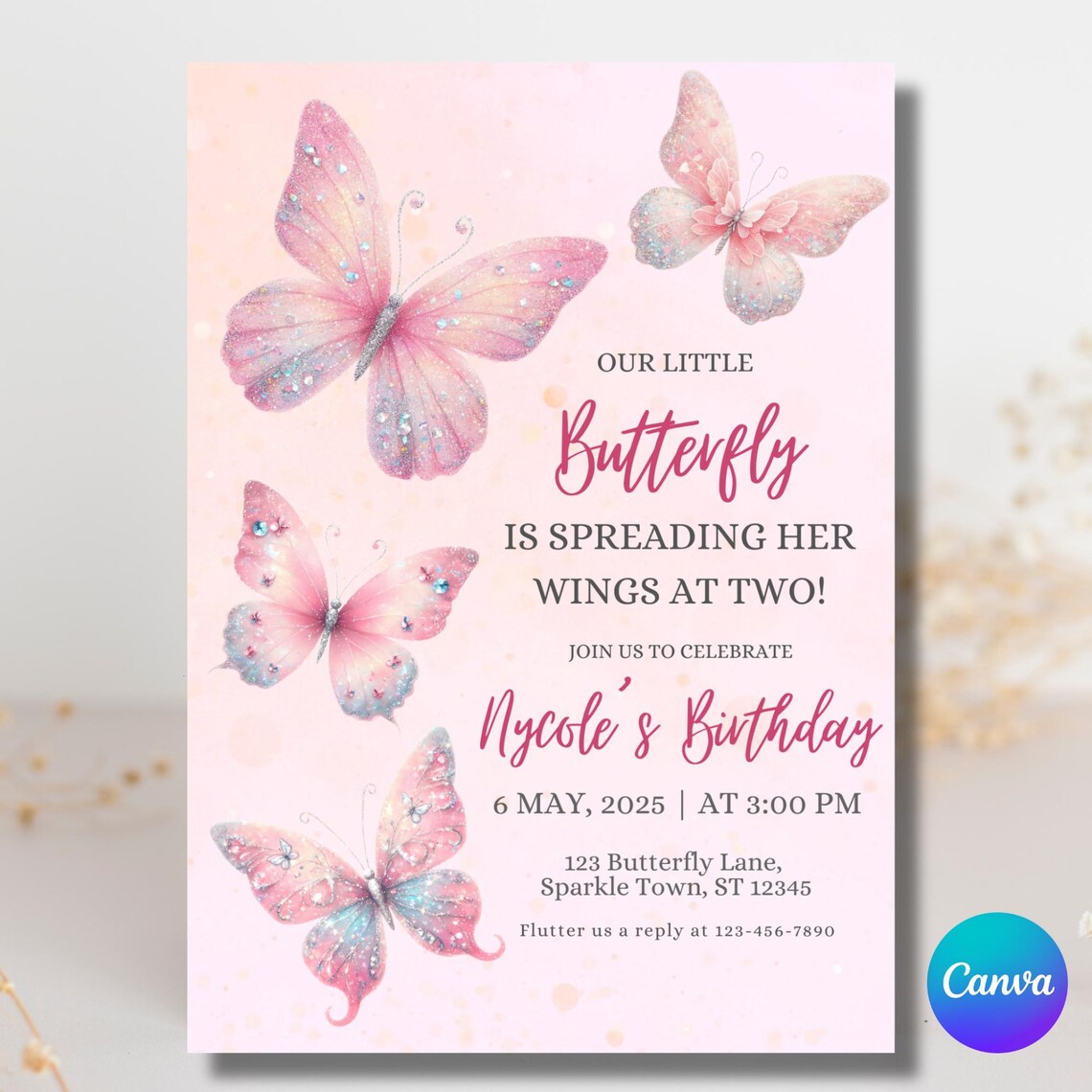 Editable Butterfly Birthday Invitation Template, Elegant Butterfly ...