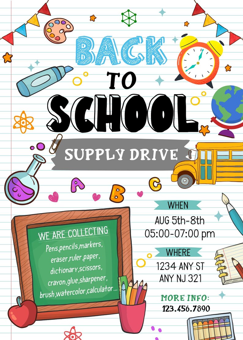 Editable School Supply Drive Flyer: Back to School Invitation (5x7 ...