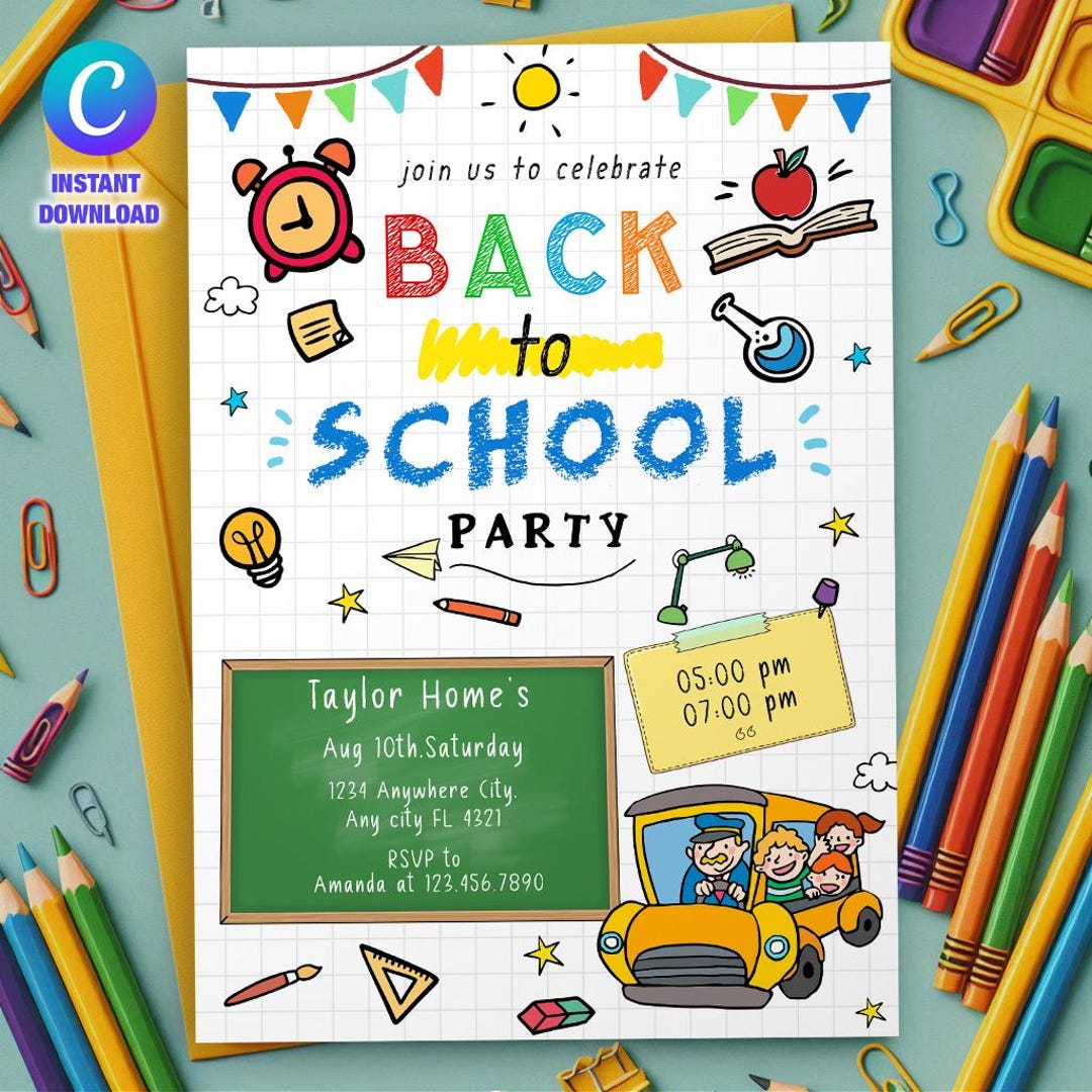 Back to School Bash Flyer: Editable Canva Party Invitation (5x7 Digital ...