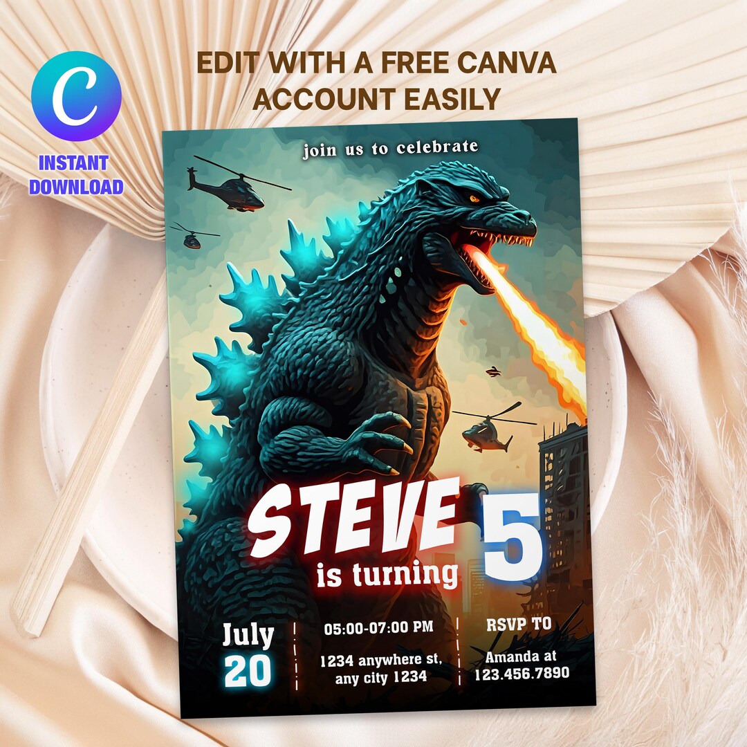 Godzilla Birthday Invitation: Editable Monster Party Invite (digital ...