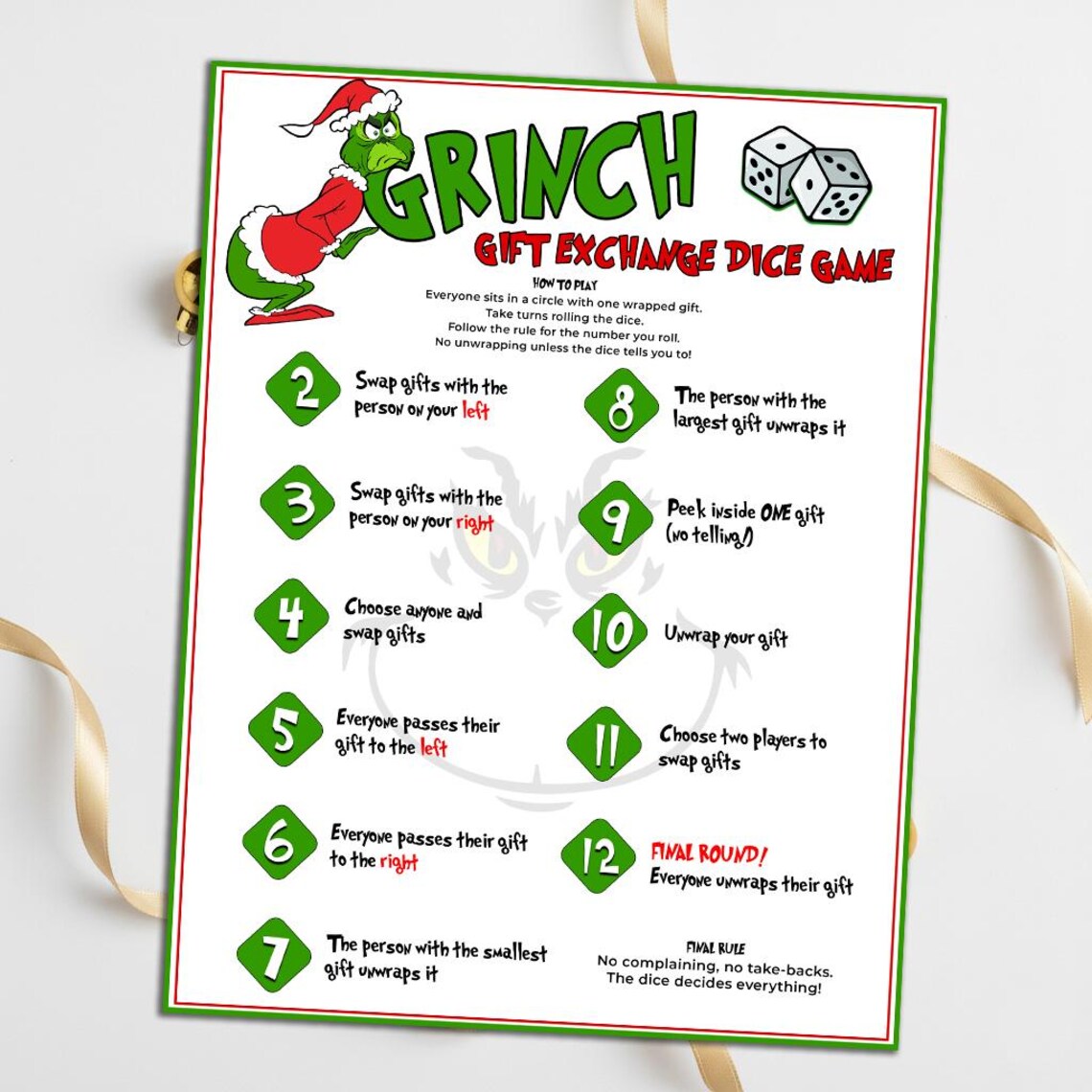Printable Grinch Dice Gift Exchange Game | Christmas Pass the Present ...
