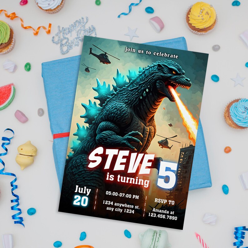 Godzilla Birthday Invitation: Editable Monster Party Invite (digital ...