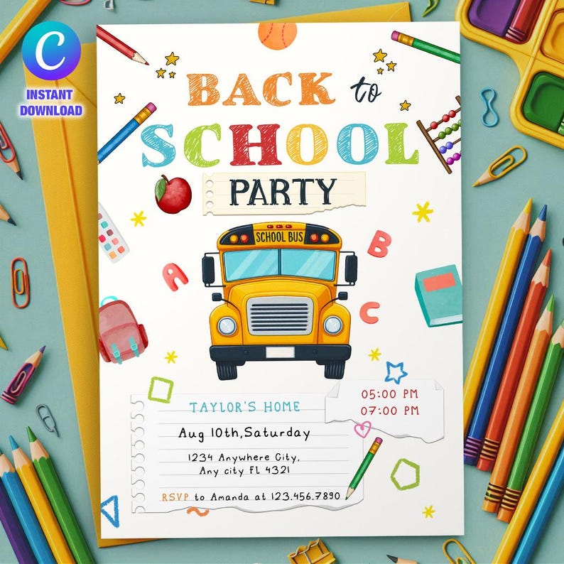 Back to School Bash Flyer: Editable Canva Party Invitation (5x7 Digital ...