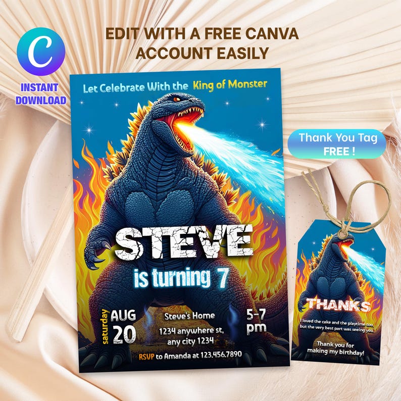 Godzilla Birthday Invitation: Monster Party, Editable Template (digital ...