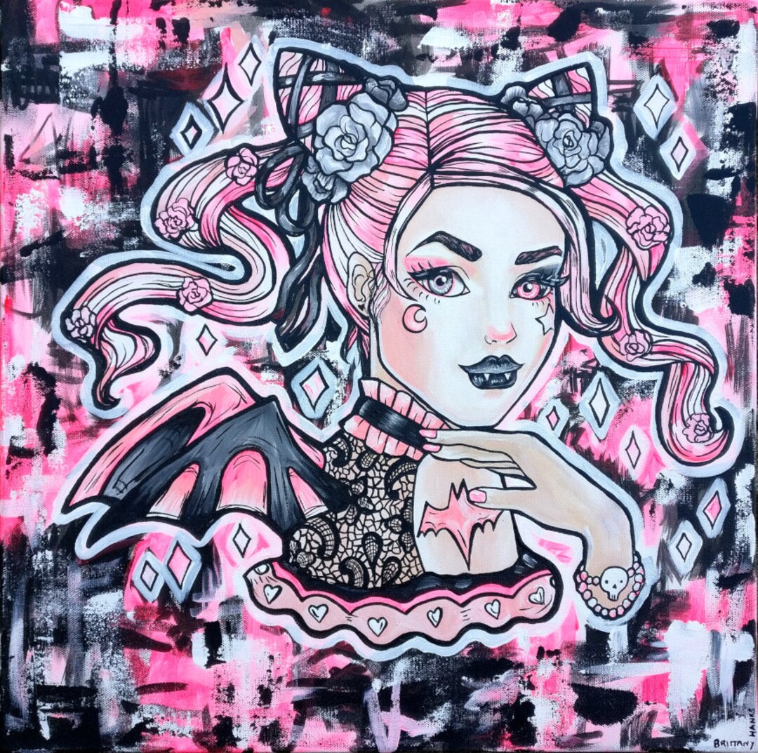 Pink and Black Vampire Bat Girl 16 X 16 Inches Square Satin Paper Print ...
