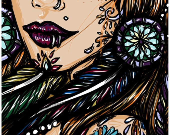 Hippie Gypsy Girl Pin up Archival Print 9 by 16 Dreamcatchers Bohemian ...