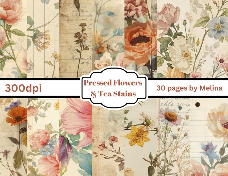 Pressed Flowers and Tea Stains Journal Kit, Vintage Floral Junk Journal ...