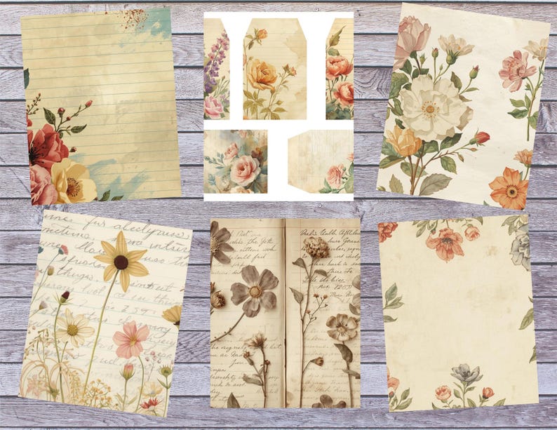Pressed Flowers and Tea Stains Journal Kit, Vintage Floral Junk Journal ...