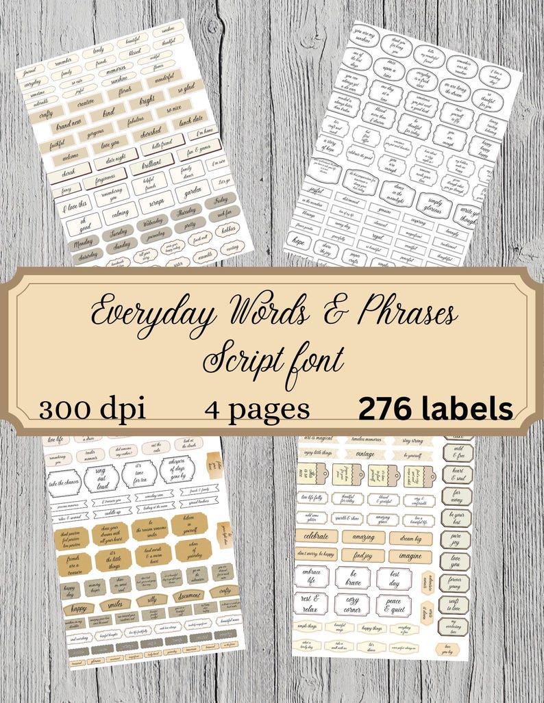 Everyday Words and Phrases Junk Journal Labels, Script Font Ephemera ...