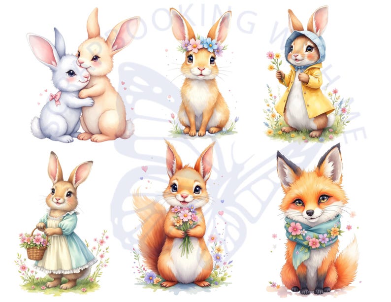Little Critters Spring Clipart, Cute Animal Fussy Cut PNG, Bunny Fox ...