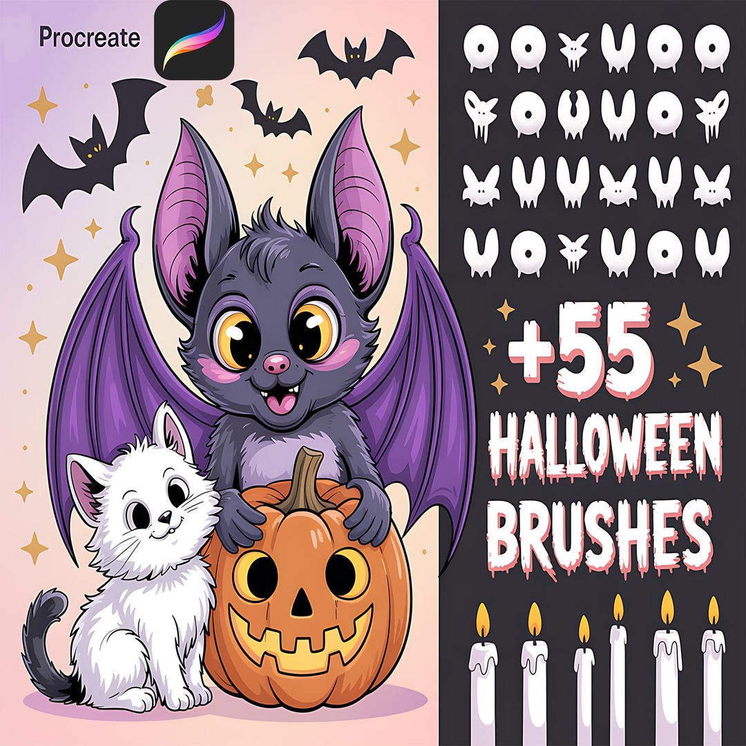 55+ Procreate Halloween Doodle Brushes Procreate Spooky, Ghost Bat ...