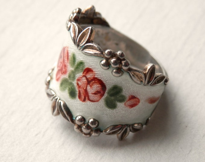 Vintage Enamel White Guilloche Ring STERLING-ESPO Pink Flowers Size 5.5 ...