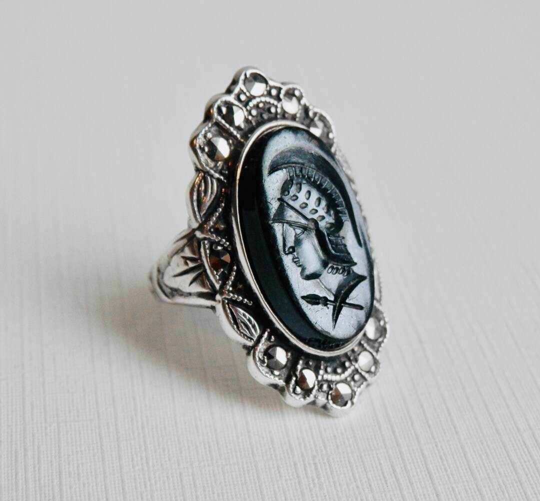 Vintage UNCAS Ring, Roman Warrior Intaglio, Sterling Silver, Marcasites ...