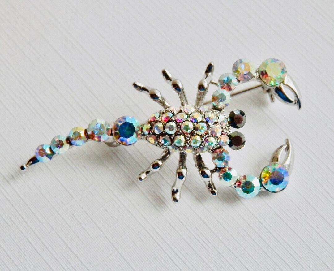 Scorpion Brooch, Aurora Borealis Crystals, Silvertone, Crystal Brooch ...