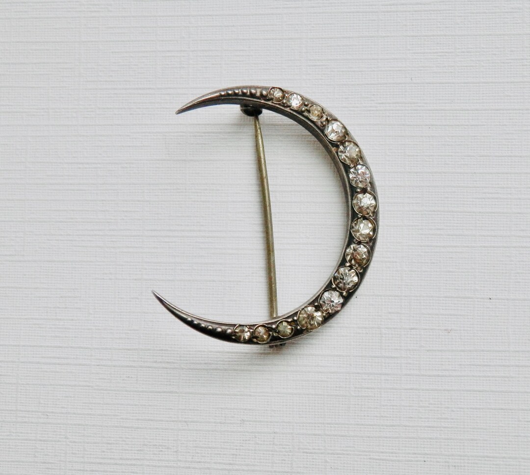 Victorian Brooch, Crescent Moon Pin, Sterling Silver, Clear Crystals ...