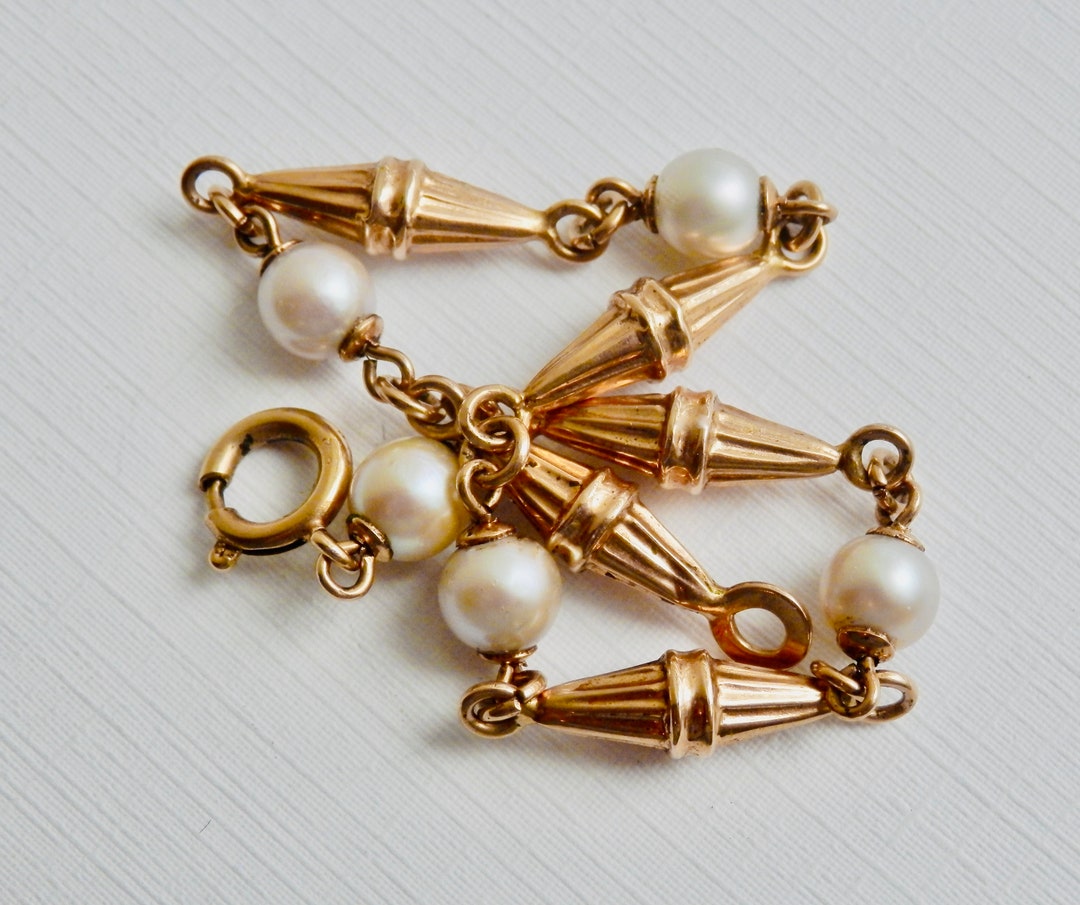 18K Gold Bracelet, Pearl Bracelet, 750 European Gold Fluted Beads, Bridal Jewelry, Wedding ...