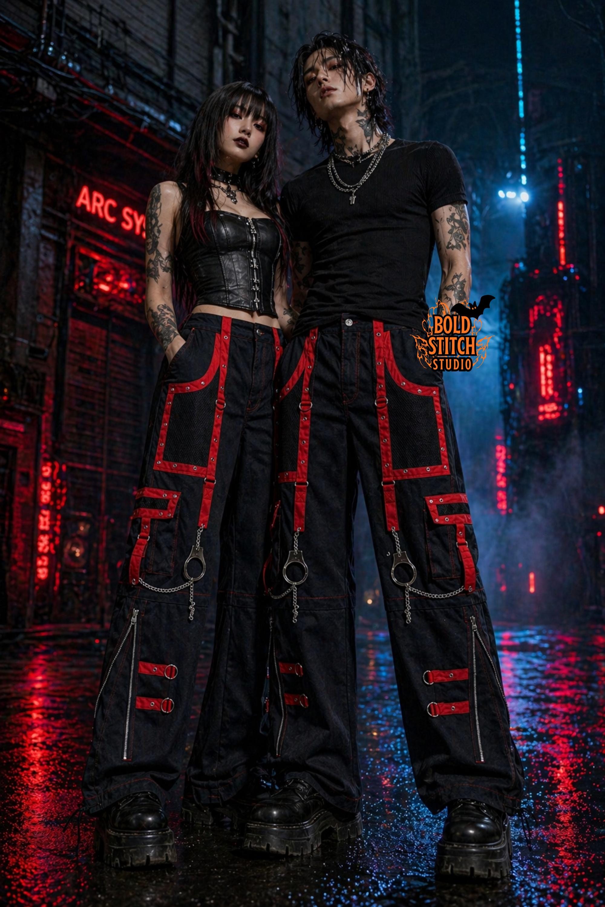 Black Red Cyberpunk Cargo Pants – Chain Strap Techwear Trousers Punk ...