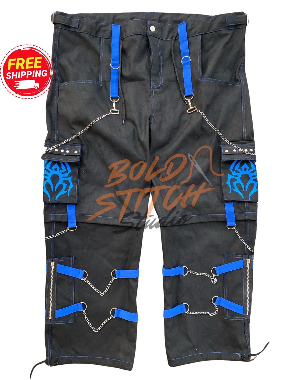 Gothic Cyberpunk Chain Pants – Black & Blue Tripp Style Rave Pants With ...