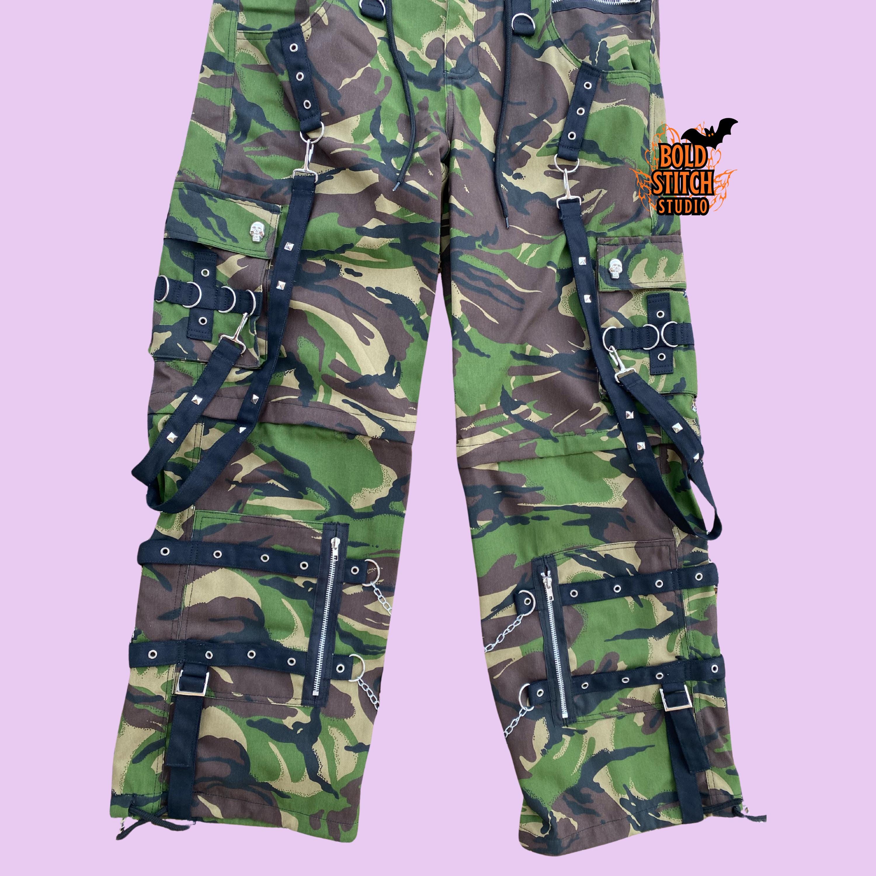 Camo Techwear Cargo Pants, Cyberpunk Gothic Pants, Military Strap Pants ...