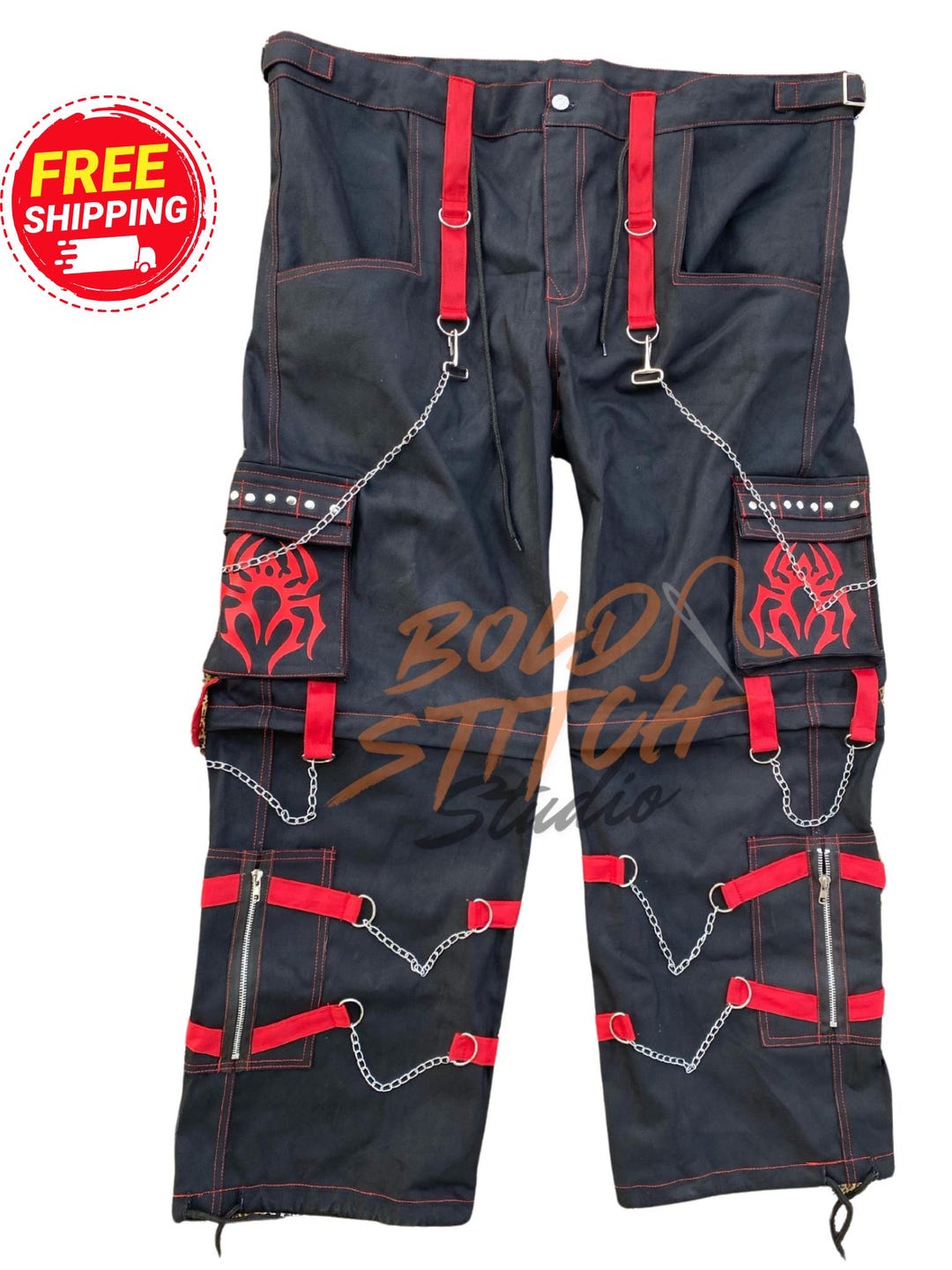 Gothic Techwear Pants – Red & Black Cyberpunk Industrial Trousers - Etsy
