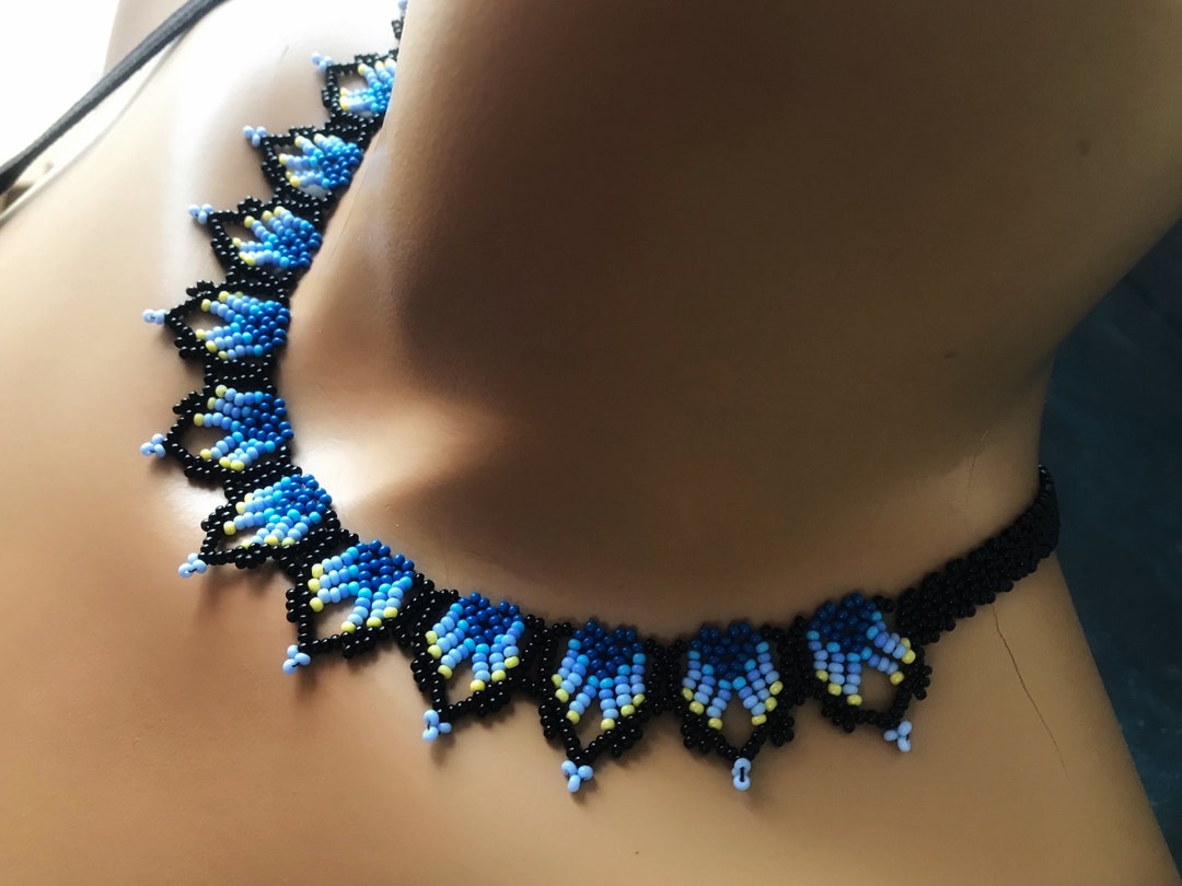 Blue Huichol Necklace, Something Blue, Simple Casual Necklace, Filigree ...