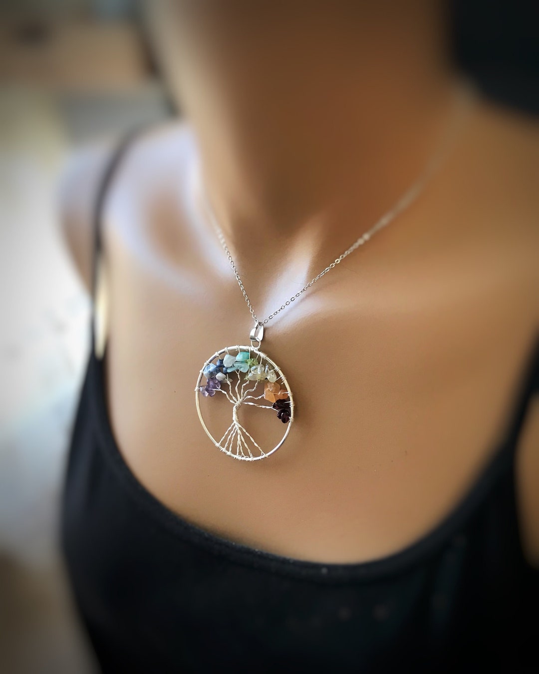 Tree of Life Pendant Necklace, Family Gift, Rainbow Gem Necklace, Tree ...