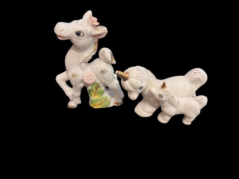 Vintage Ceramic Unicorn Figurines Pair White Gold Horn Fantasy Decor ...