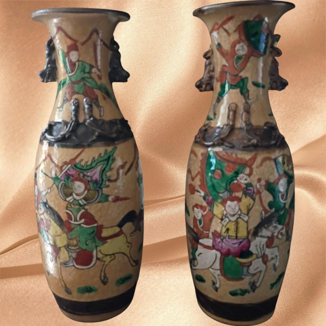 Warrior Battle Scene Pair of Chinese Vases Hand Painted Enamel Ceramic ...