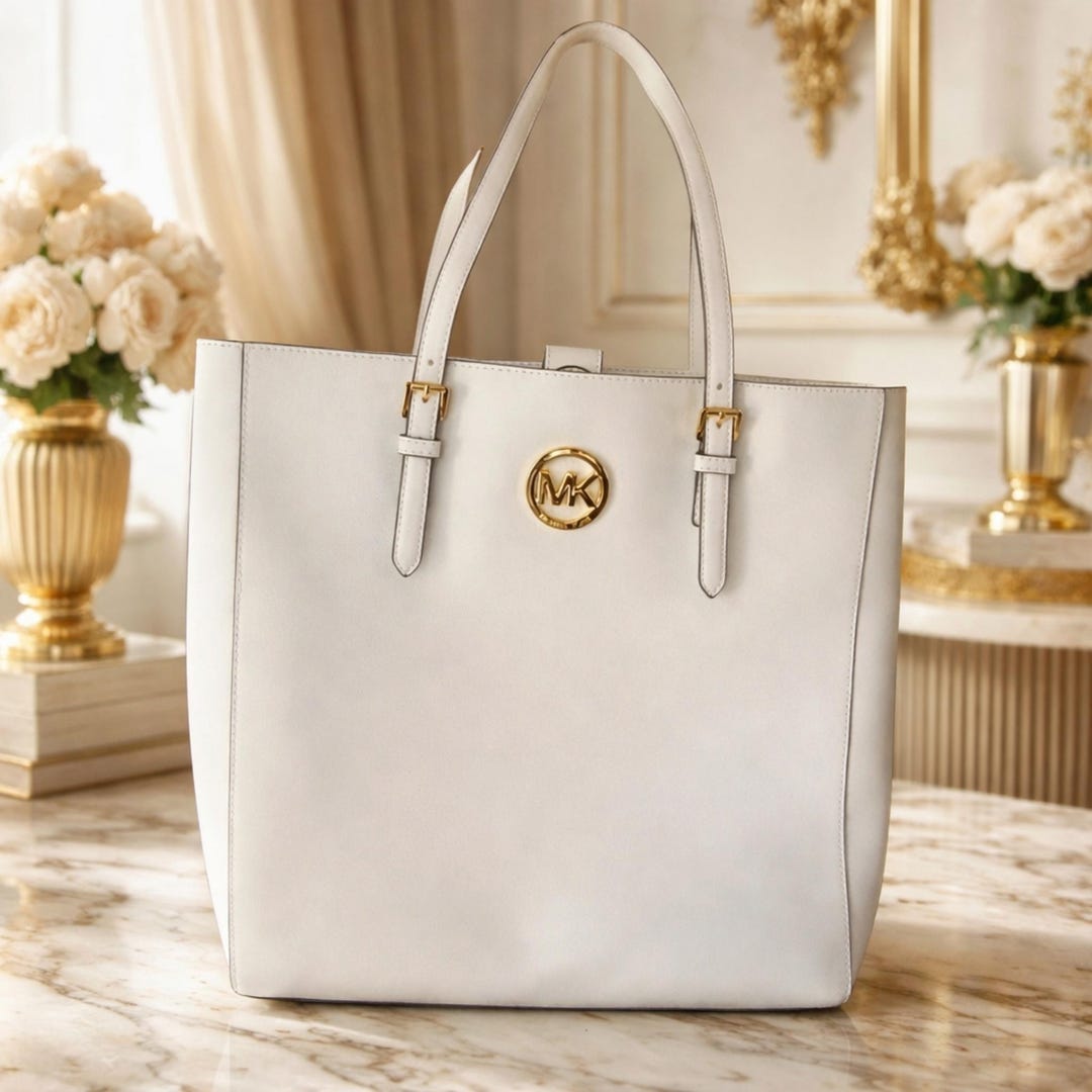 Michael Kors Jet Set Tote White Leather Purse Handbag Gold Logo ...