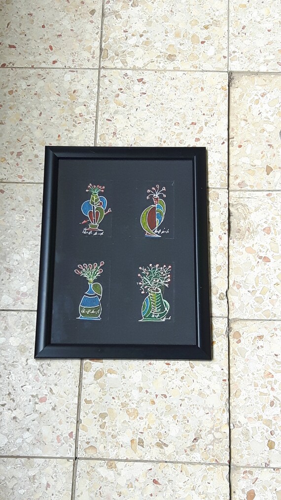 4 Black Miniature Drawings in One Frame Original Pen Drawing | Etsy