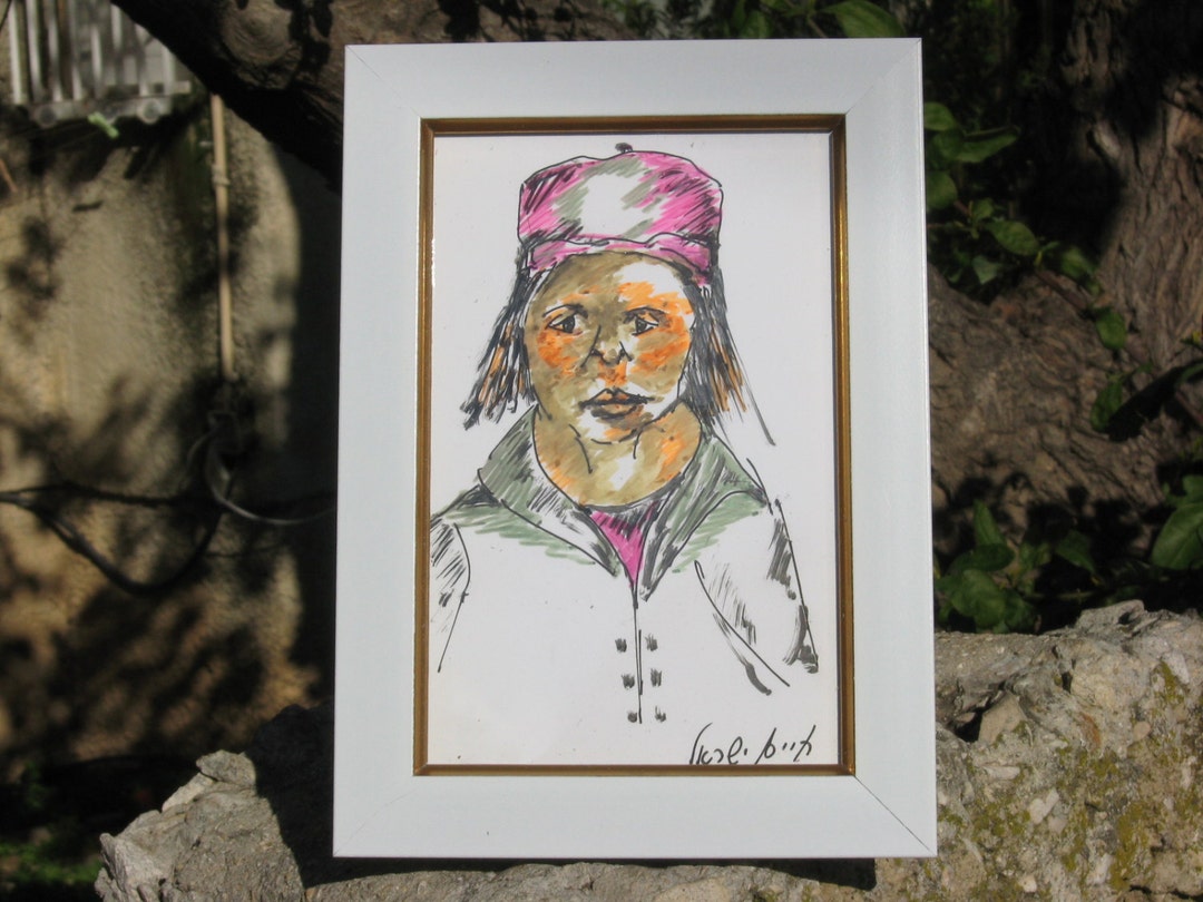 Original Framed Drawing -- Woman Portrait - Black Pen With Colored Pens ...