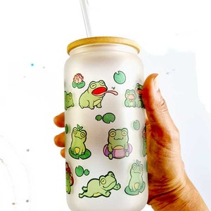 Kawaii Froggy Friends Cup Iced Coffee Glass, Glass Can With Bamboo Lid ...