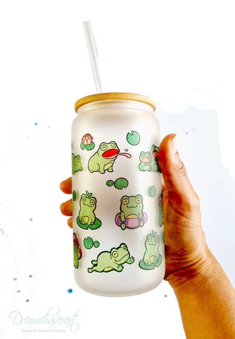 Kawaii Froggy Friends Cup Iced Coffee Glass, Glass Can With Bamboo Lid ...