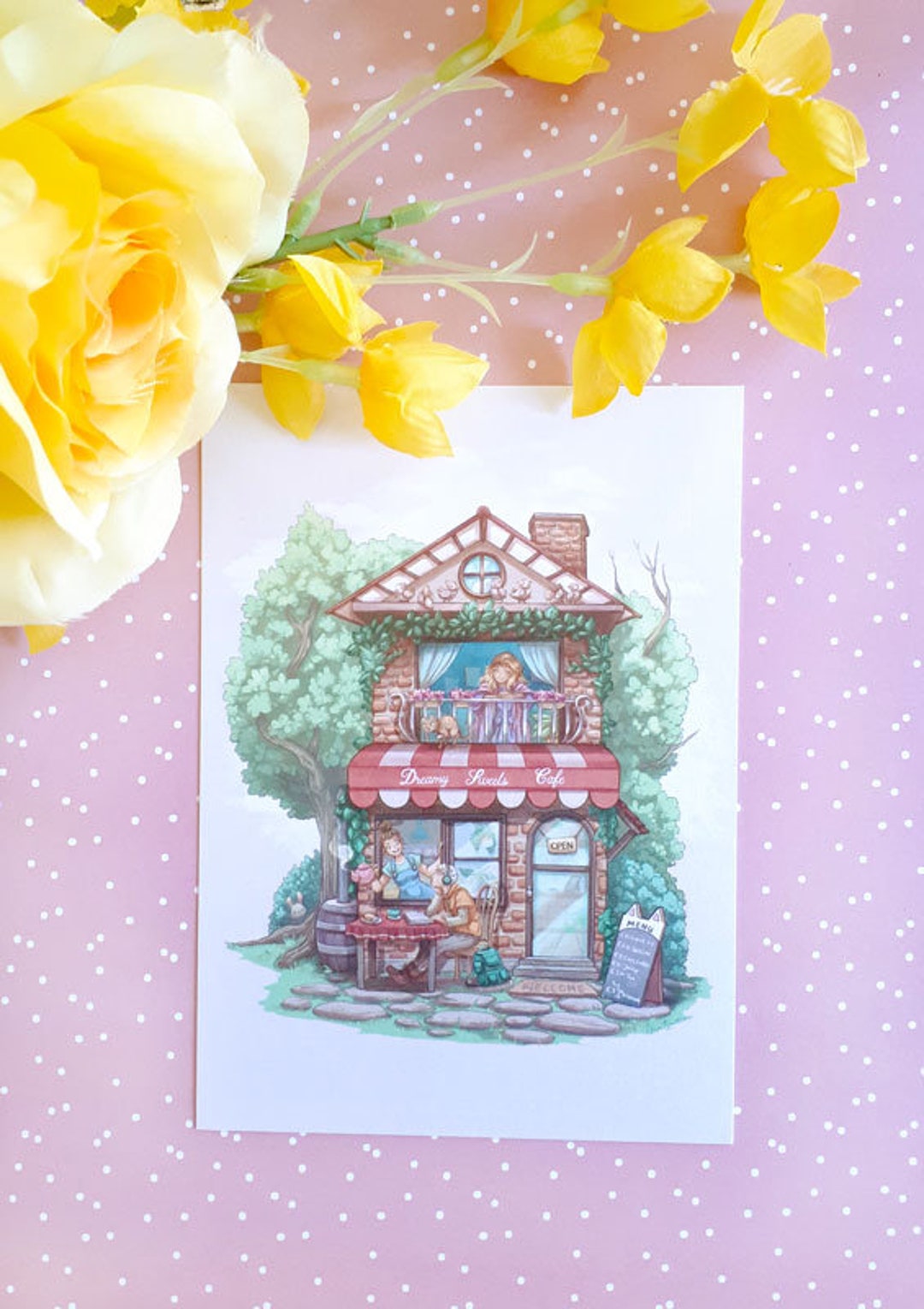 Dreamy Sweets Cafe ~ Aestetic Postcard Print ~ Postcard Illustration ...