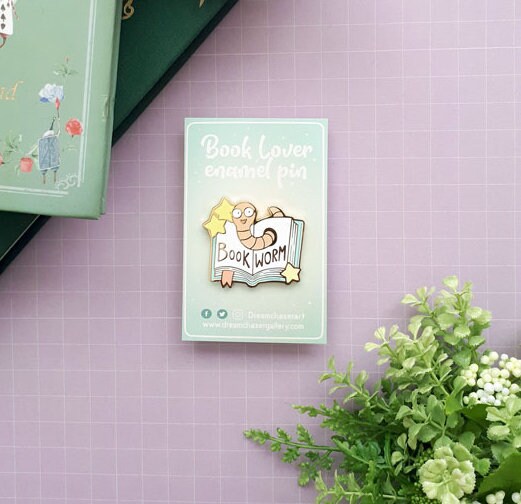 Bookworm Enamel Pins, Cute Book Lover Pin, Cottagecore - Etsy