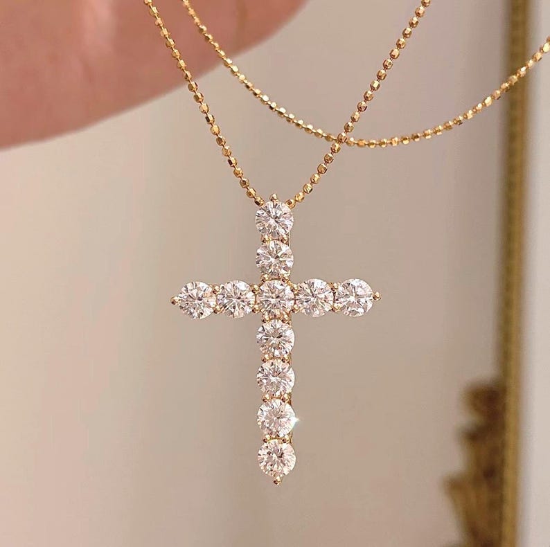 1 Ct-2ct Cross Lab-diamond Necklace, 18K/14K Solid Gold Cross Pendant ...