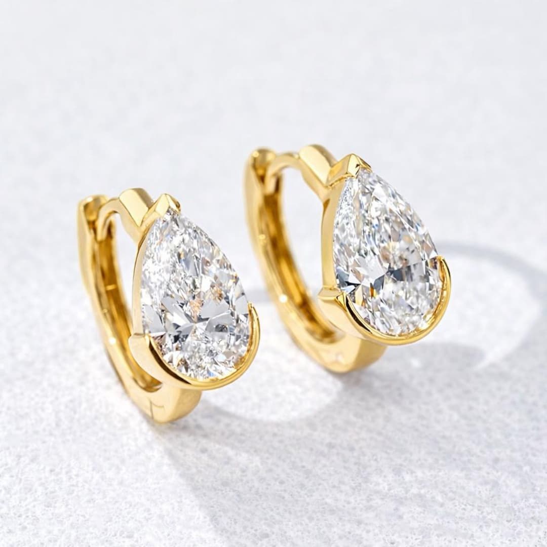 Pear Shape Lab Diamond Huggie Hoop Earrings, 14K Solid Gold Teardrop ...