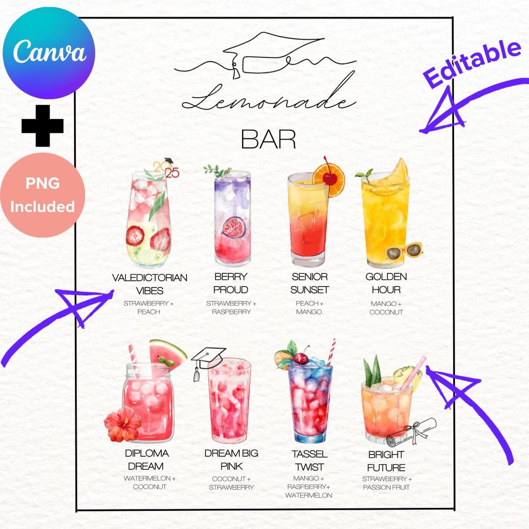 PERSONALIZED Graduation Party Lemonade Bar Menu Canva Template Drink ...