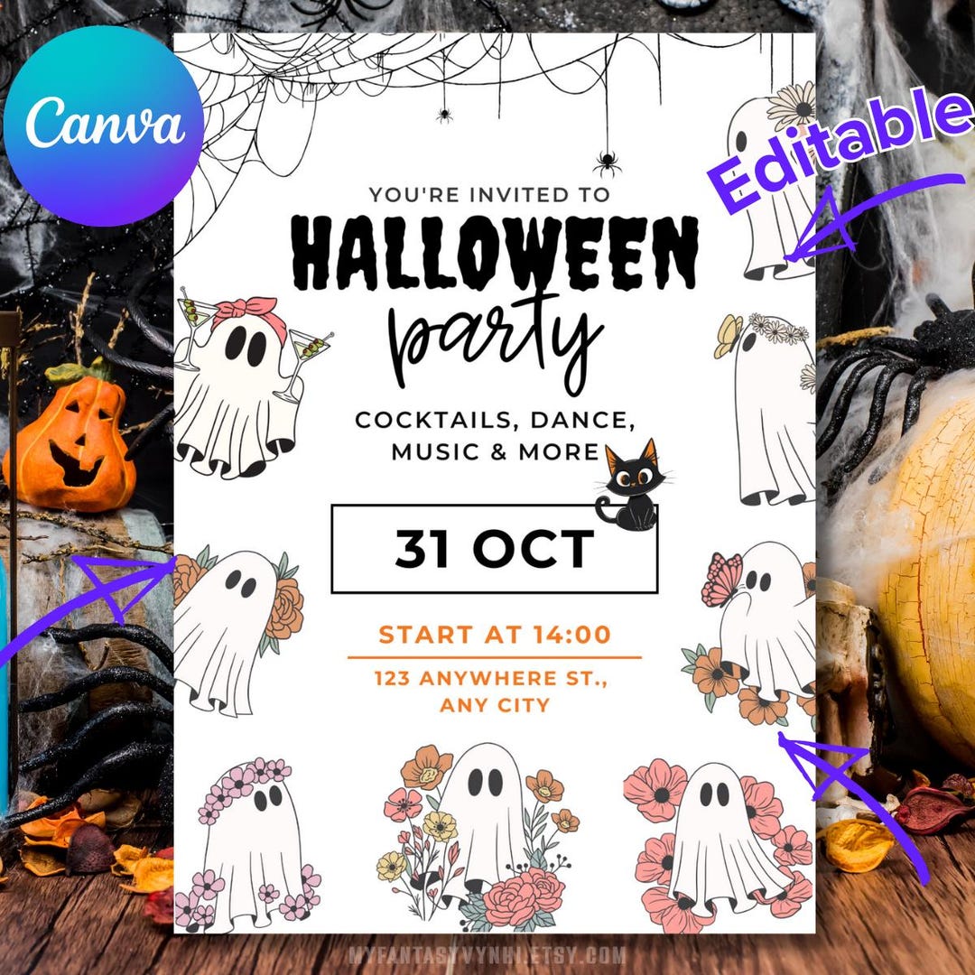 Editable Halloween Party Invitation Template: Spooky Ghost Theme ...