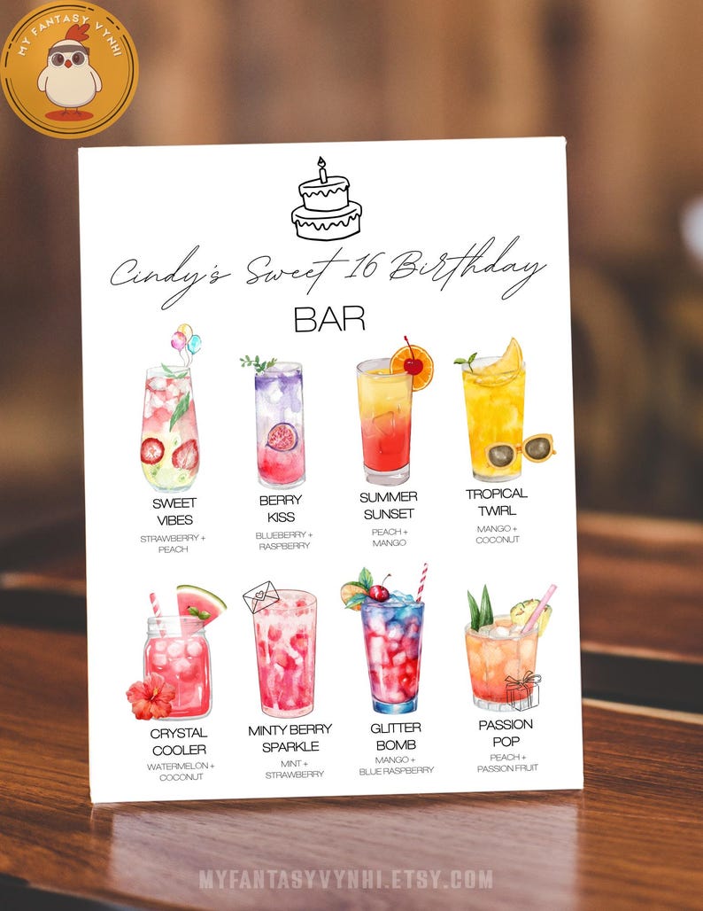 16th Birthday Party Lemonade Bar Recipe Menu Sign Printable Sweet 16 ...