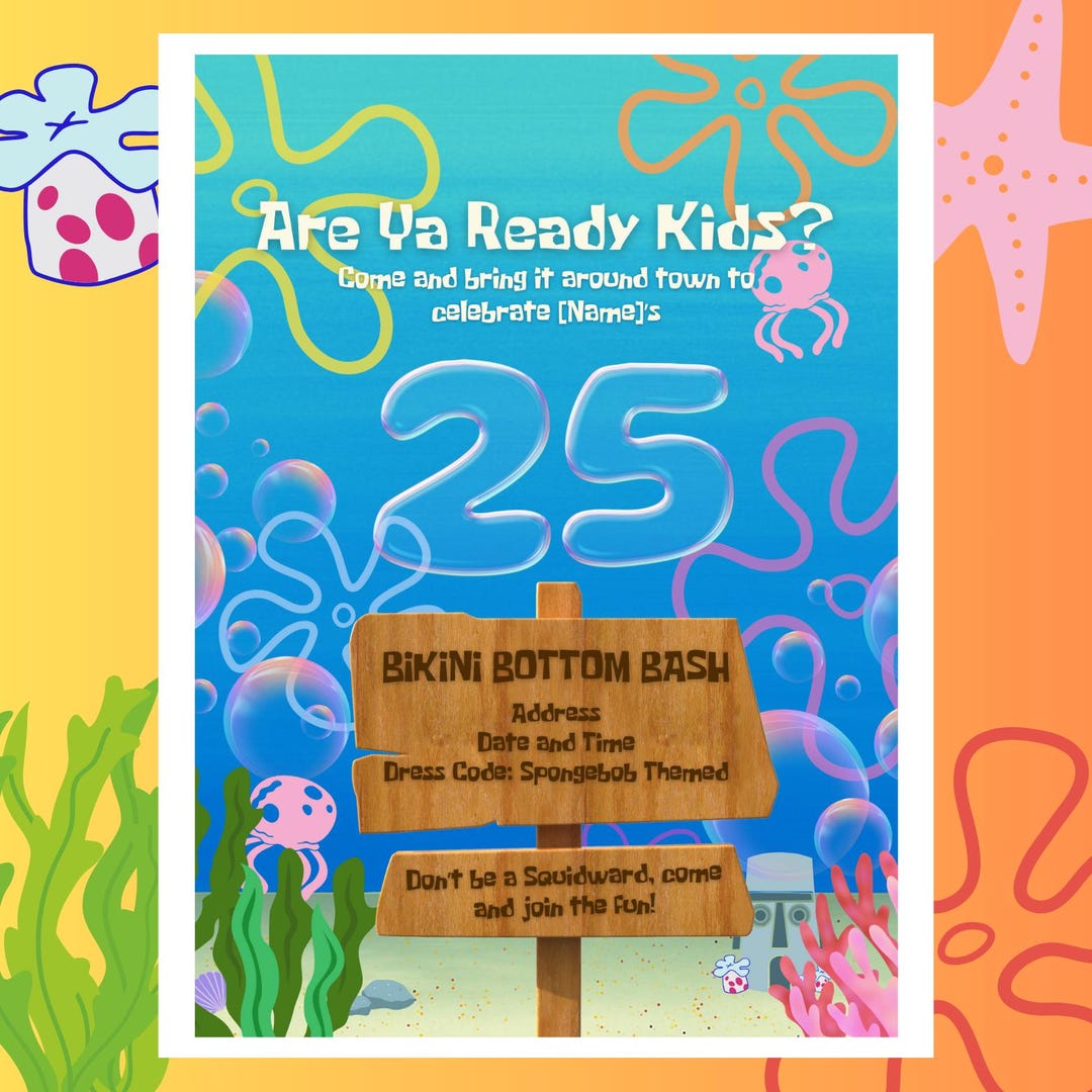 Spongebob 25th Birthday Party Invite Template, Birthday Invite, Digital ...