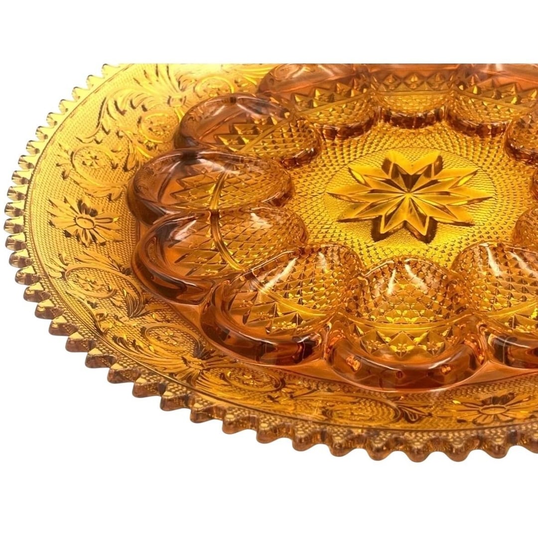 Vintage Tiara Exclusive Amber Indiana Glass Egg Plate Starburst Floral ...