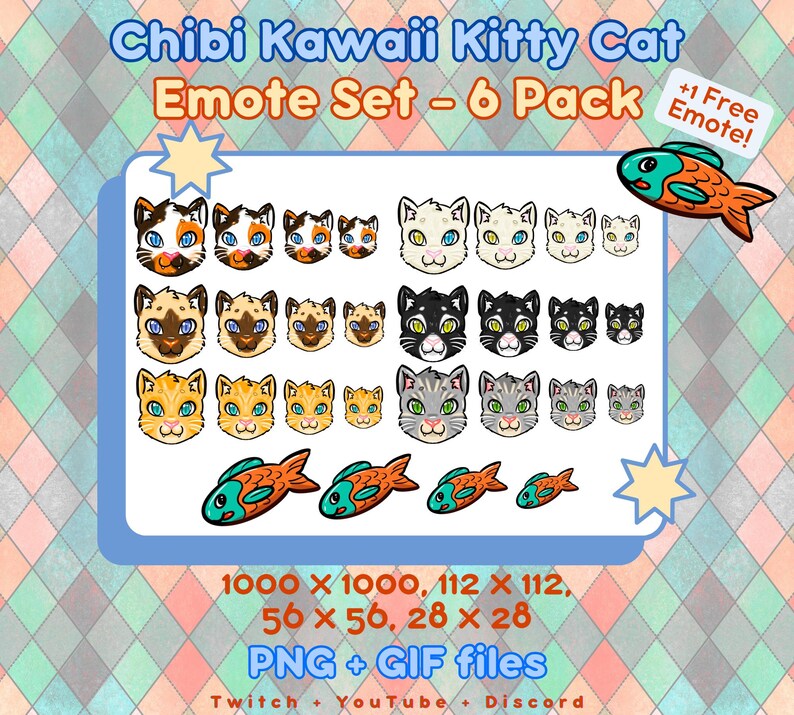 Chibi Kawaii Kitty Cat Animated Spinning Emote Set of 6 + 1 Free Salmon ...